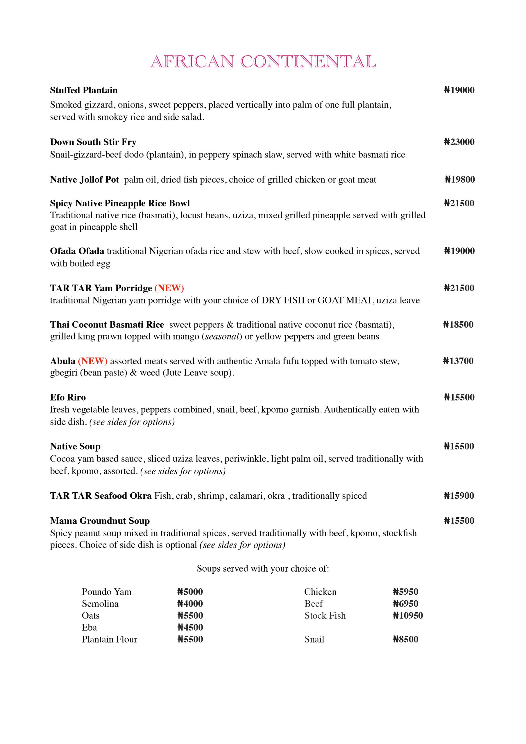 Our Menus - TAR TAR Abuja